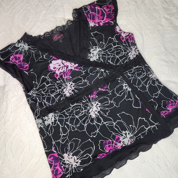 torrid | Tops | Torrid Floral Babydoll Lace Cross Front Black Pink ...